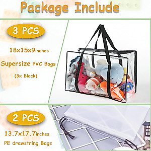 3 Packs Extra Large Bin and Chest Organizer Bags 18×15×9" Toy Storage Bags, Clear Toy Bags Toy Organization Case, Reusable PVC Hand Bags with Zippered for Board Games, Crafts, Blocks, Puzzle, Black