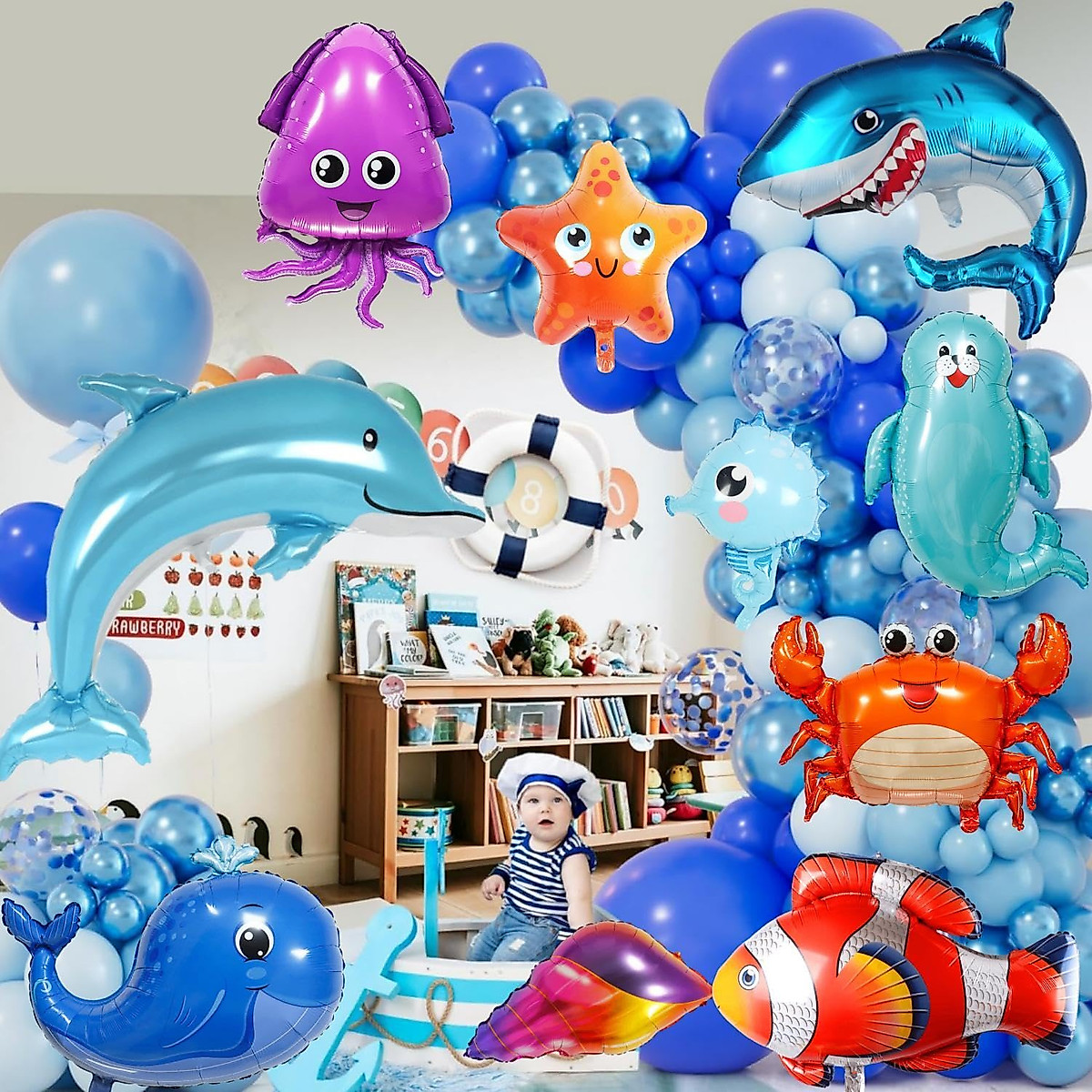 Jiahaoppx 10 Pcs Sea Animal Balloons, Large Shark Dolphin Whale Octopus Fish Hippocampus Crab Sea Lion Conch Starfish Ocean Foil Balloons for Sea Underwater Animals Theme Party Decoration