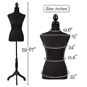 HCY Mannequin Torso Mannequin Stand Dress Form 60-67 Height Adjustable Maniquins Body Female, Displays Women for Sewing Wooden Tripod Base, Foam Body(Black) 15.75 x 25.6 x 67