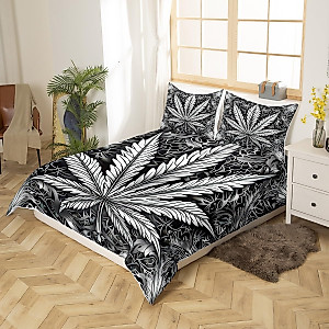 Marijuana Weed Leaf Bedding Set Full Size Psychedelic Cannabis Leaves Duvet Cover Hippie Marijuana Weed Green Leaf Comforter Cover Grey Trippy Hemp Bed Set Quilt Cover 3Pcs (No Comforter)