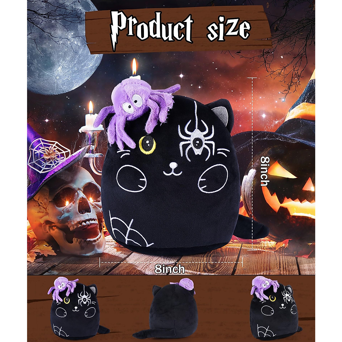 Halloween Plush Cat Stuffed Animals - Black Cats Plush Toys with Purple Spider, Cute Halloween Decor, Kids' Pillow, Gifts for Girls Boys, 8 Inch