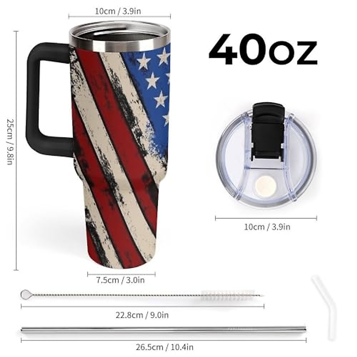 100% BLUE COLLAR Handle Tumbler for Women and Men, Cool American Flag Large Capacity Stainless Steel Cup with Rubber Ring and Straw, Water Bottle for Walking,Climbing