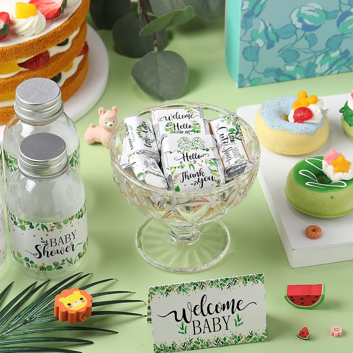 Clabby Baby Shower Candy Wrappers, Shower Mini Candy Bar Miniatures Wrappers Chocolate Bar Label Stickers for Boys Girls Kids Baby Shower Decor (No Candy)(Greenery Style, 90 Pieces)