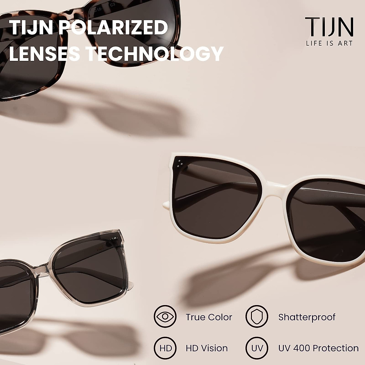 TIJN Sunglasses, Classic Polarized Sunglasses, Oversized Square Sunnies, Dark Shades for Women & Men, 3 Pack