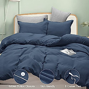 PHF Waffle Duvet Cover Queen Size, Ultra Soft Cotton Blend Comforter Cover Set, Comfy Breathable and Decorative Duver Cover Set with Pillow Shams Bedding Collection, 90"x90", Navy Blue