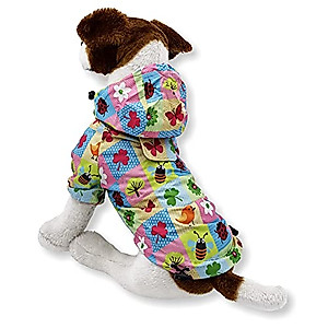 Dog Raincoat Hooded Leash Hole Waterproof Rain Coat Jacket Rainwear for Small Pet Cat Puppy (L: Length - 16", Square Multicolor)