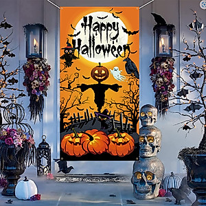 Halloween Door Decorations Banner, Happy Halloween Door Cover Backdrop, Fabric Pumpkin Ghost Hanging Door Poster Sign Banner for Outdoor Indoor Halloween Eve Porch Background Party Wall Decoration