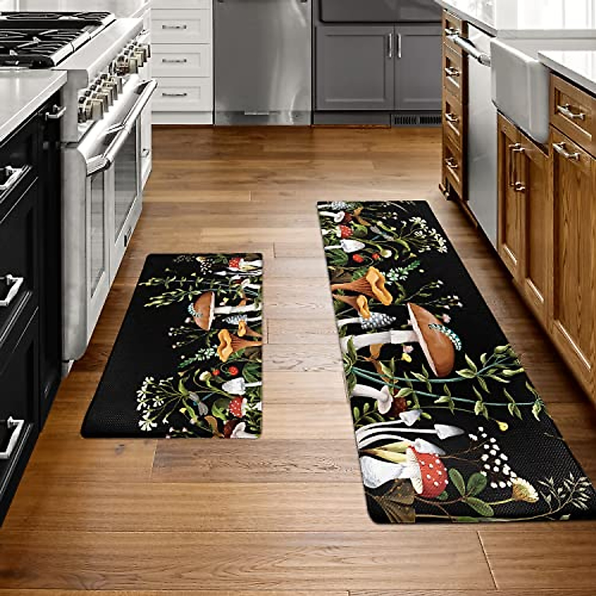 FNLNDO Mushroom Kitchen Rugs and Mats Green Mushroom Kitchen Decor Anti Fatigue Kitchen Floor Mat Set of 2 Non-Skid Washable Kitchen Runner Rug for Kitchen Sink Laundry (Green, 17.5"x29.5"+17.5"x47")