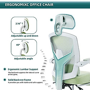 Sweetcrispy Swivel Rolling Padded Armrests Headrest, High Back Lumbar Pillow and Retractable Footrest Ergonomic Home Office, Height Adjustable Reclining Mesh Chair, Green