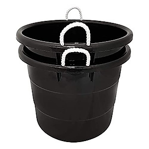 Homz 18 Gallon Plastic Multipurpose Utility Storage Bucket Tub with Strong Rope Handles for Indoor and Outdoor Use, Black, (2 Pack)