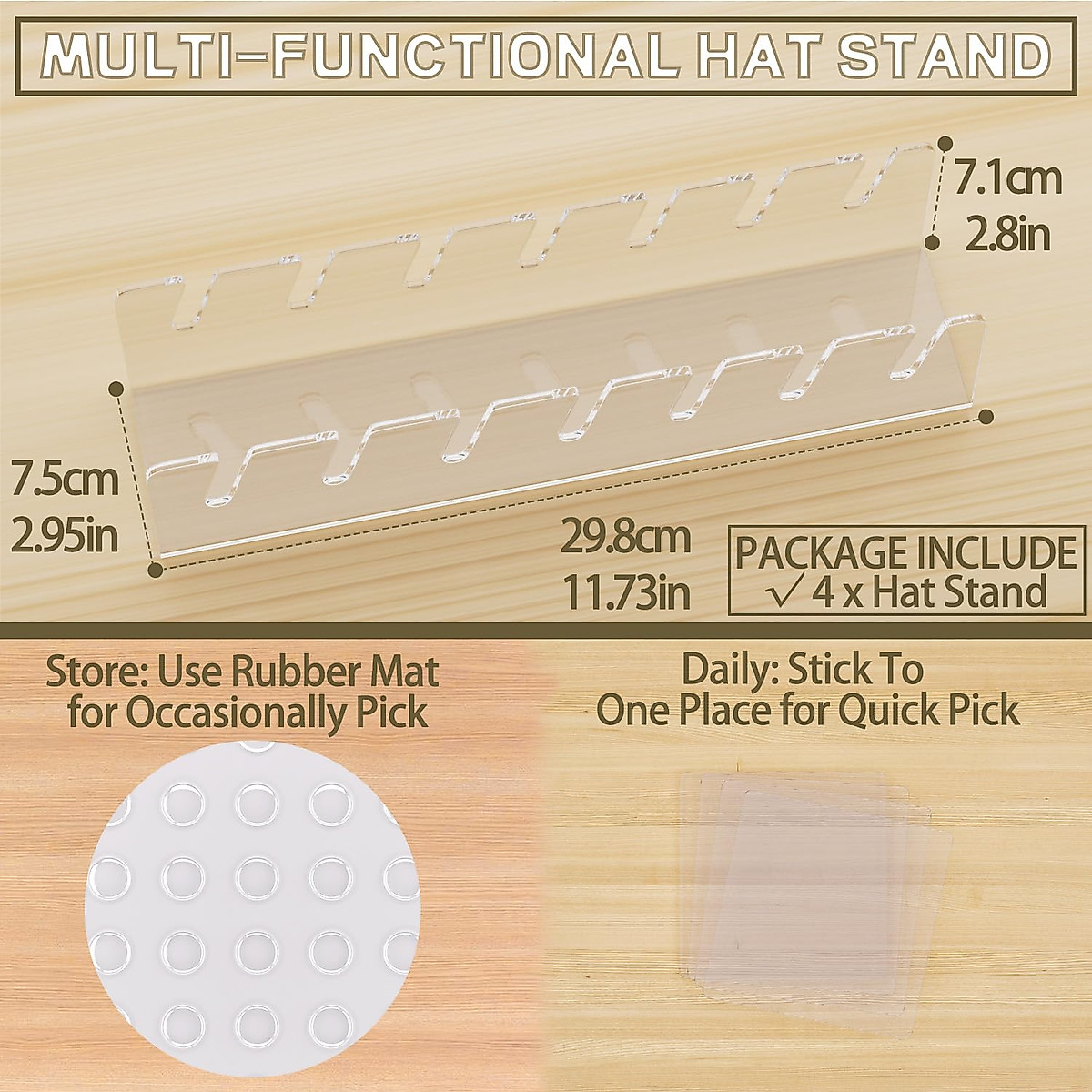 ACTBIO Hat Stand for Baseball Caps, 2 Pcs No Install Acrylic Hat Organizer for 14 Baseball Caps, Hat Holder Hat Storage Hat Display Baseball Cap Rack for Bedroom, Closet, Dresser, Office (Clear)