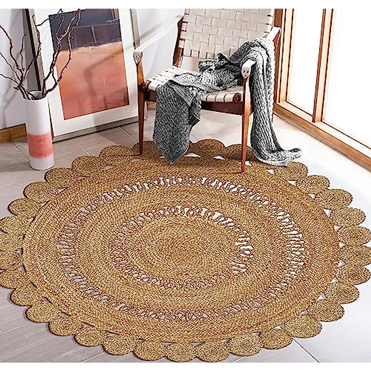 Bedding Craft Hand woven Farmhouse Jute Area Rug 6 Ft Round Natural Yarn, Rustic Vintage Beige Braided Reversible Rug, Eco Friendly Rugs for Bedroom, Kitchen, Living Room, Farmhouse 100% Jute Rug