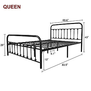 NEEBIRGELIA Black Metal Bed Frame Queen Size with Headboard and Footboard Single Platform Mattress Base,Metal Tube and Iron-Art Bed（Queen,Black）