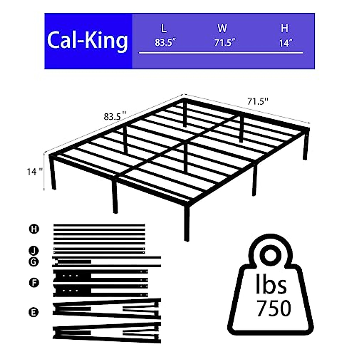 DERYONI 14 inch California King Bed Frame No Box Spring Needed Heavy Duty Platform Cal King Bed Frame Steel Slat Support 750lbs Easy Assembly Noise Free Black Bed Frame Cali King