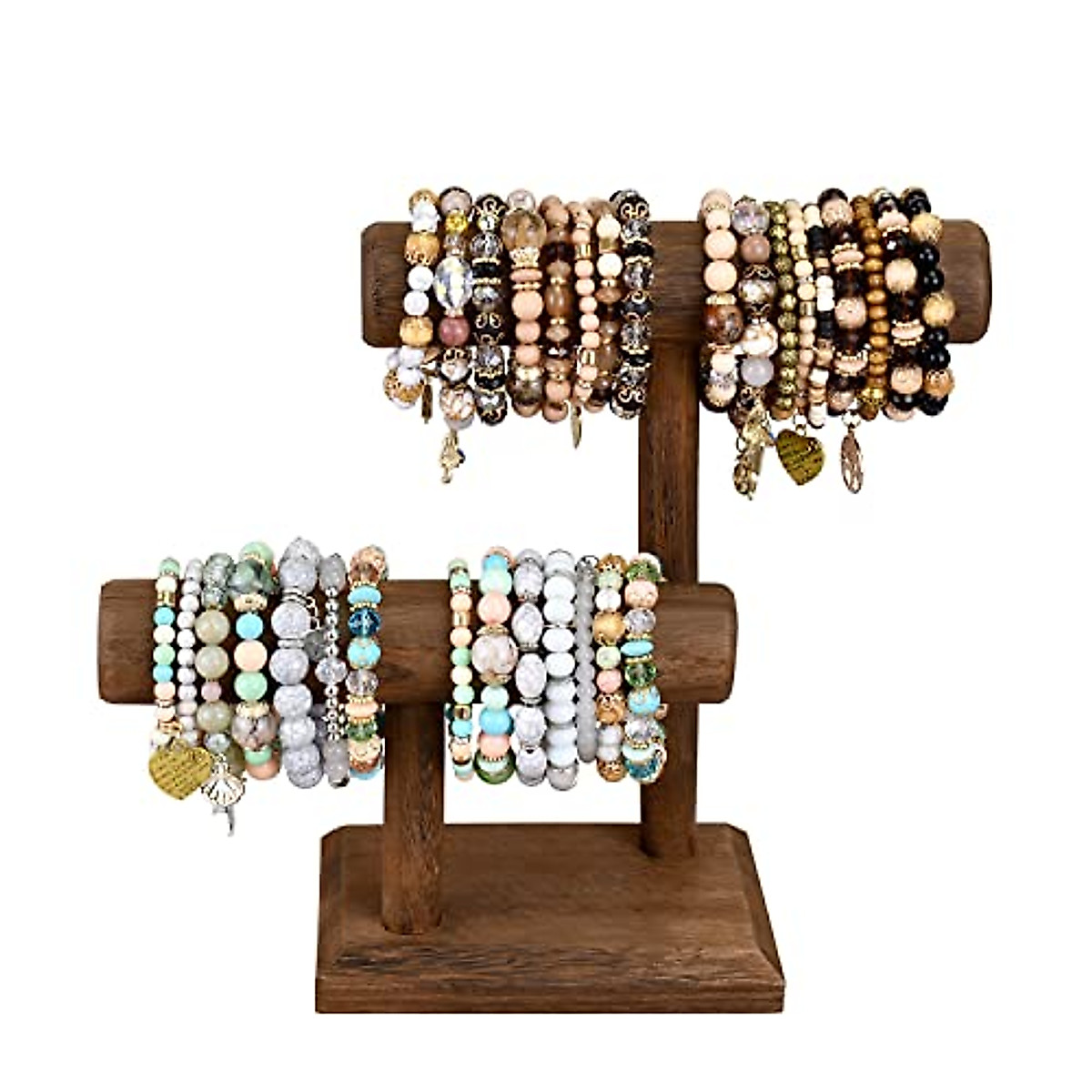 Ikee Design 2 Tier Wooden Jewelry Bracelet Watch Display Tower, Bangle Scrunchie Necklace Holder Storage Stand, 7.9" W x 4.3" D x 9.4" H, Brown Color