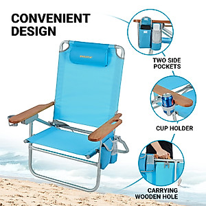 #WEJOY Oversized Beach Chair, 5 Adjustable Reclining Folding Backpack Beach Chairs for Adult, High Back Seat Chair with Bottle Opener,Handle Strap,Phone&Cup Holder for Camping Sand,300 Lbs