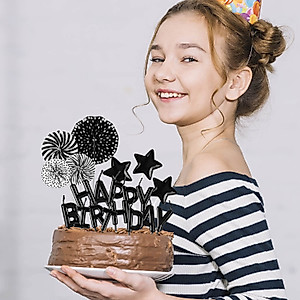 BEAN LIEVE Birthday Candles Set - Cake Topper Decoration with Cake Candles Confetti Balloon Stars and Fan Cupcake Toppers 12 Pieces Birthday Cake Decor for Birthday Party Celebration (Black)
