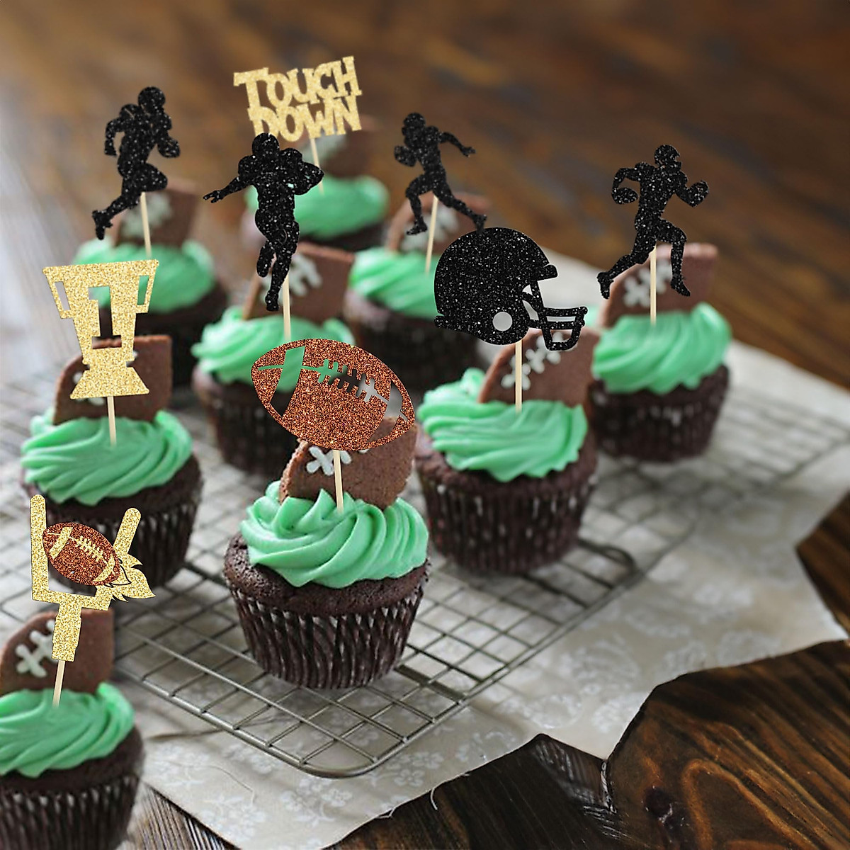 36Pcs Rugby Ball Cupcake Toppers Glitter Trophy American Football Cupcake Picks Touchdown Player Cake Decorations for Super Bowl Rugby Sports Theme Baby Shower Kids Birthday Party Supplies
