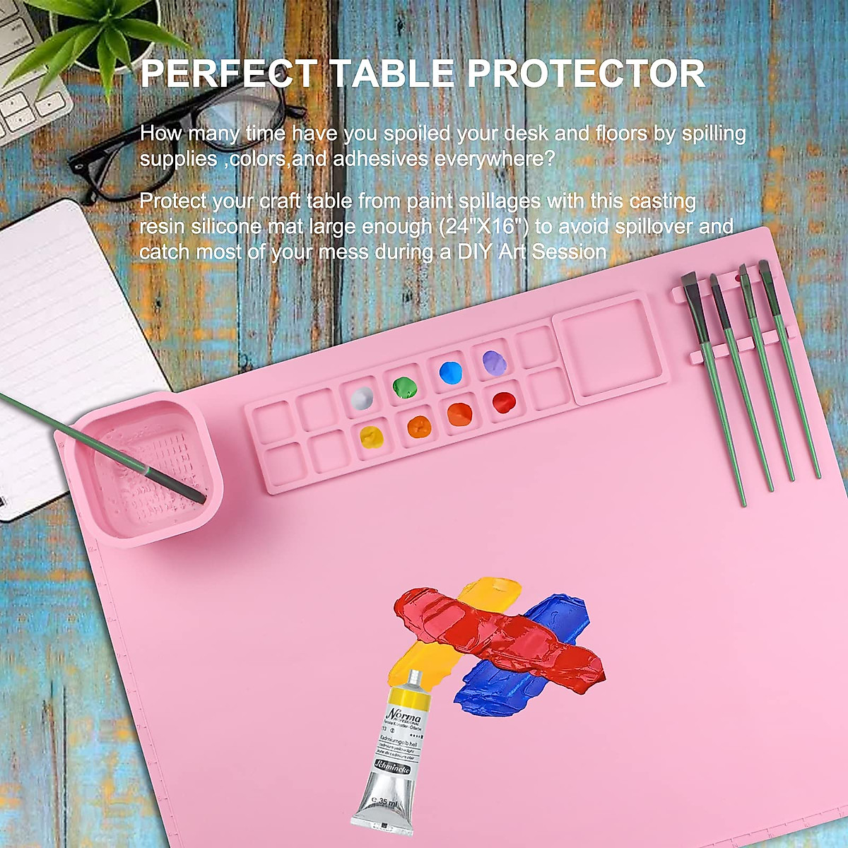 Queceuy Silicone Painting Mat，20"X16"Silicone Art mat with 1 Water Cup ，Handmade erasable Washable，for Resin, DIY, Clay, Play Doh Silicone Drawing mat for Children（Pink）