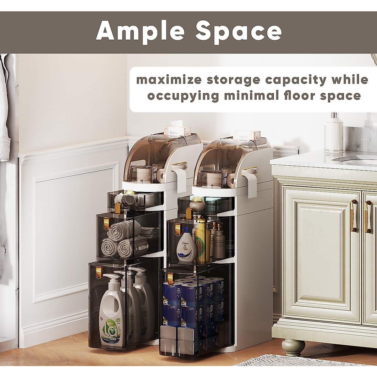 tonchean 3 Tiers Slim Bathroom Storage Cabinet,Already Assembled Waterproof Narrow Bathroom Toilet Organizer Mobile Slim Storage Cart with Wheels Clear Drawers for Small Space Gap Corner