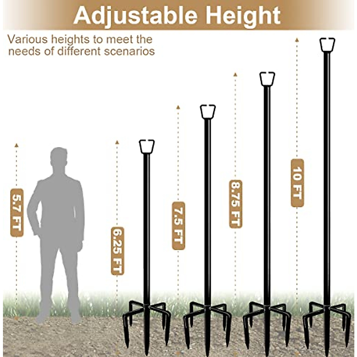 Queension 10FT Plug Floor String Light Poles for Outdoor String Lights for Garden, Backyard, Patio Lighting Stand for Parties, Bistro & Weddings, 1 Pack