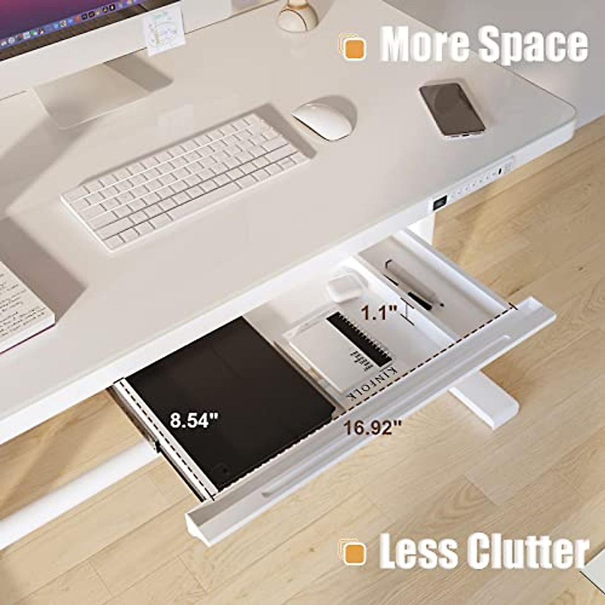 AITERMINAL Glass Standing Desk with Drawer, Electric Height Adjustable Home Office Desk with Storage & USB Ports, 45 x 23 Inch Tempered Glass Tabletop (White)