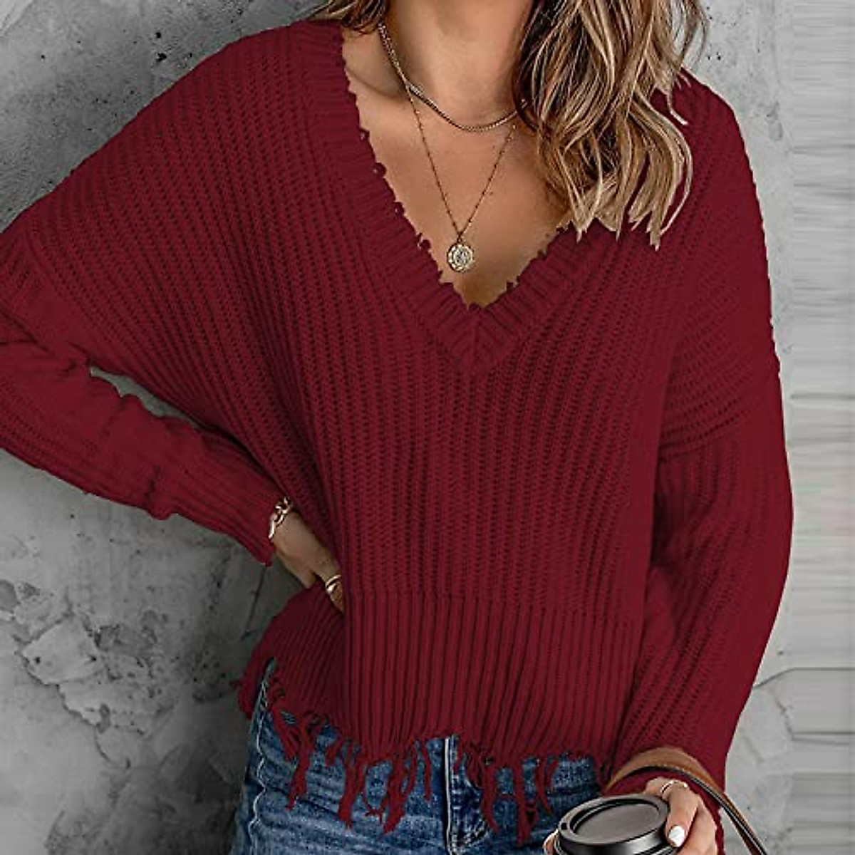 Womens V Neck Knit Sweater Long Sleeve Ripped Pullover Loose Fit Warm Knitted Jumper Crop Tops Sweaters Wine
