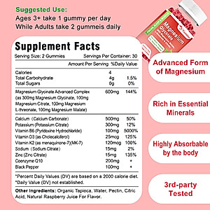 Magnesium Glycinate Gummies 600 mg, Magnesium Gummies for Adults and Kids, Support for Relaxtion and Muscle, 60 Raspberry Flavored Gummies