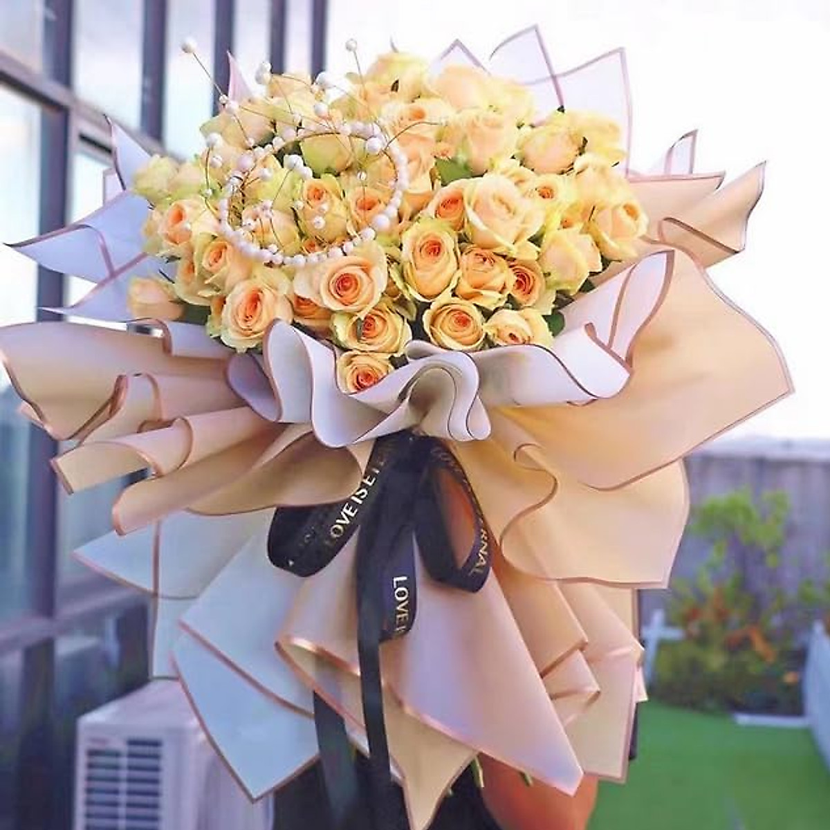 Leoyoubei 40 Counts Transparent Flower Wrapping Paper,Florist Bouquet Supplies,DIY Crafts,Gift Packaging or Gift Box Packaging,Wraps Waterproof Frosted Floral Wrapping Paper 23x23,Gold Border