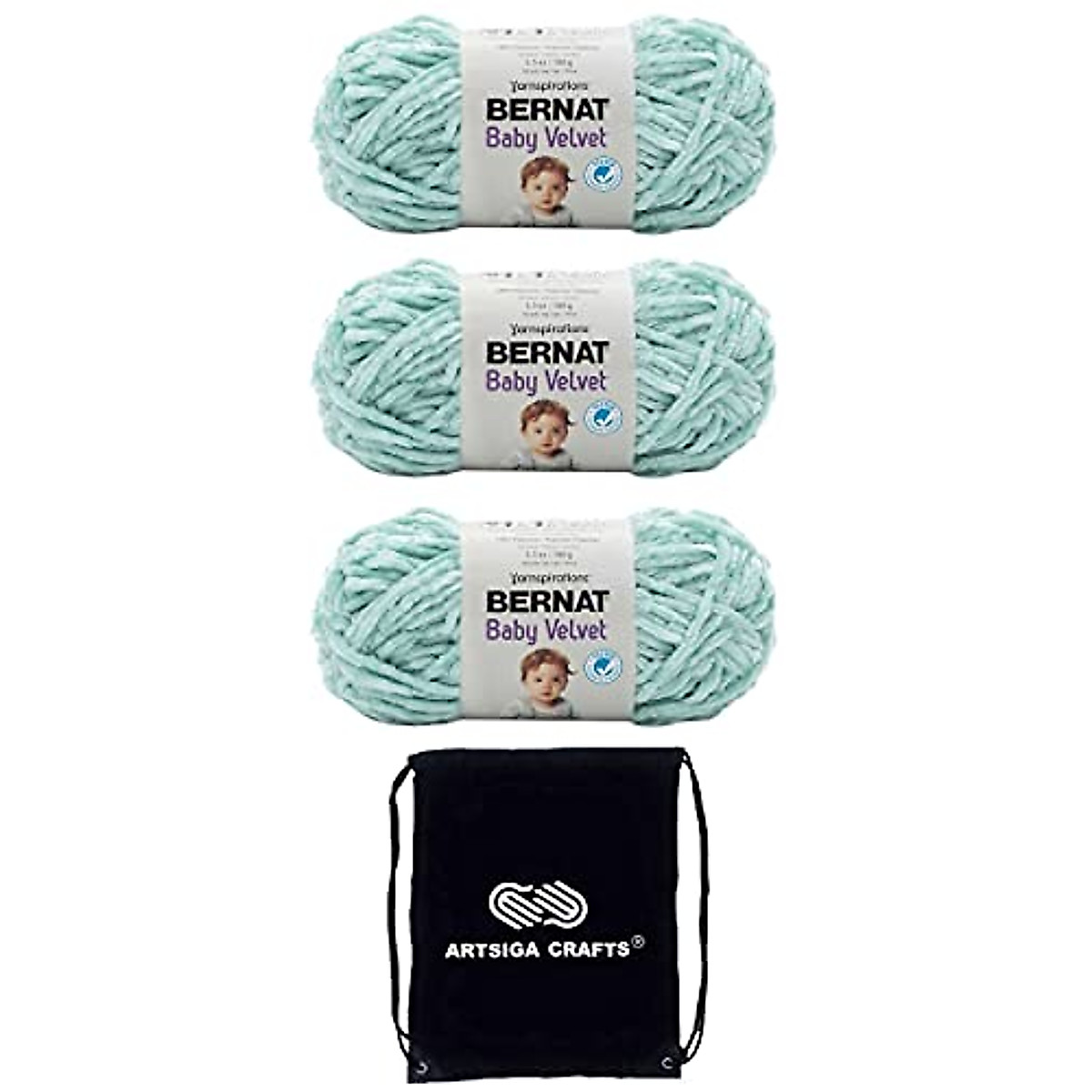Bernat Baby Velvet Yarn Misty Green 164018-18017 (3-Skeins) Same Dye Lot Worsted Medium #4 Soft 99% Acrylic/1% Polyester Bundle with 1 Artsiga Craft Bag
