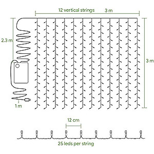 Lighting EVER Christmas Curtain Lights Battery Operated & USB Plug in, Remote, 10 x 10 ft Hanging Fairy Lights for Bedroom Wall, 300 LED Indoor Outdoor Backdrop Lights for Wedding Party, Patio Gazebo