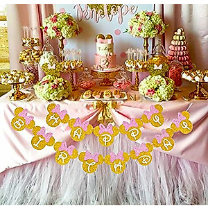 Minnie Mouse Pink And Gold Inspired Happy Birthday Banner, Minnie Birthday Party Decorations for Girls Birthday Themed Party Decoration