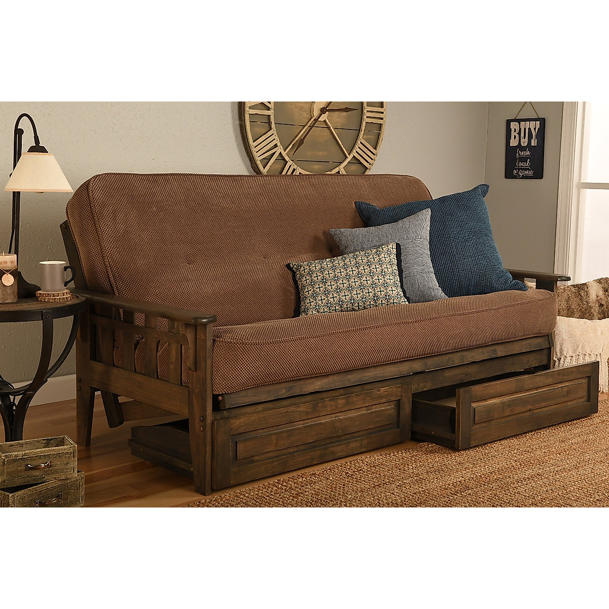 Jerry Sales Tucson Rustic Walnut Frame and Mattress Set with Choice to add Drawers, 8 Inch Innerspring Futon Sofa Bed Full Size Wood (Marmont Mocha Matt, Frame and Drawers)