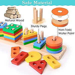 LotFancy Montessori Toys for 1 2 3 Year Old, Wooden Sorting & Stacking Toys, Educational Shape Sorter for Baby Toddlers Preschool Kids