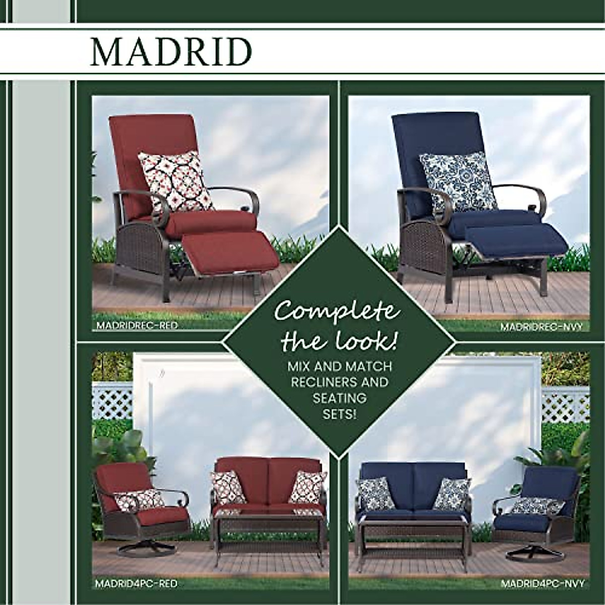 Hanover Madrid Outdoor Patio Recliner, Adjustable Chair, All-Weather Hand-Woven Wicker, Aluminum Frames, Thick Cushions-MADRIDREC-NVY, 1 Piece, Red
