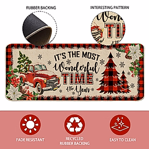 cusugbaso Christmas Kitchen Mats, Merry Christmas Kitchen Rugs Set of 2 - Red Buffalo Plaid Christmas Kitchen Decor - Truck Christmas Decorations for Bathroom,Floor,Indoor,Home 17"x27+17"x47"