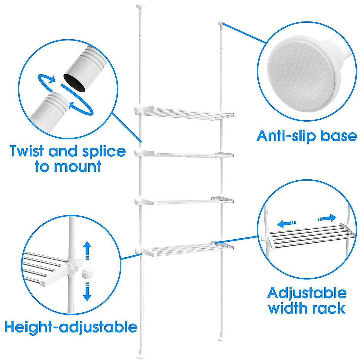 BsBsBest Over The Toilet Storage, 91-124 Inch Adjustable Bathroom Organizer, 4-Tier Toilet Rack Storage Shelf, Stainless Steel Bathroom Organizer, Spacesaver, White
