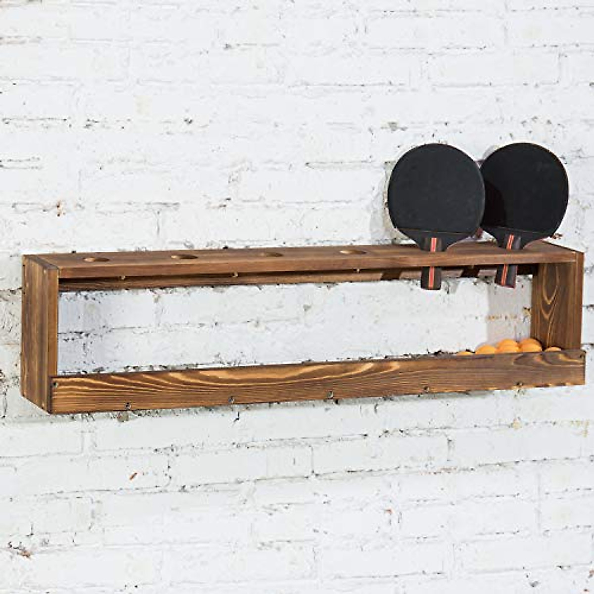 MyGift Wall Mounted Solid Burnt Wood Ping Pong Paddle Table Tennis Racket Display Rack Holder with Ball Holder Storage Shelf