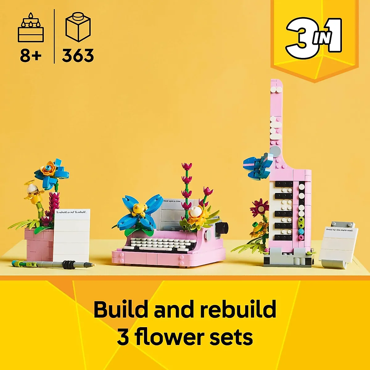 LEGO Creator 3 in 1 Typewriter with Flowers - Easter Basket Gift for Kids - Building Toy with 3 Building Options, Typewriter, Flowerpot with Pen & Notebook, or Keytar - 31169