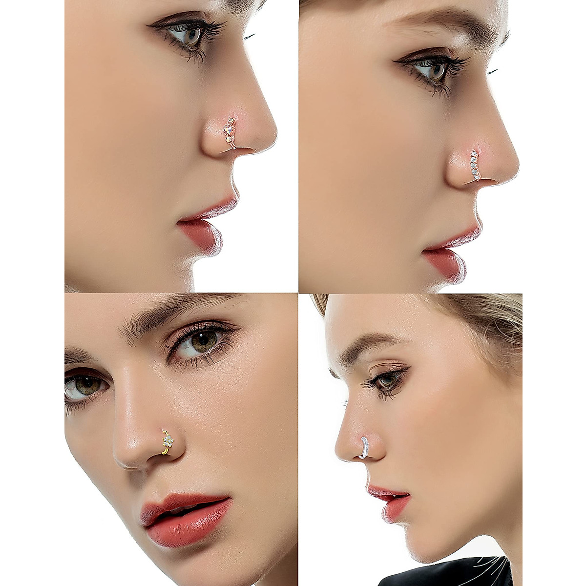 Tornito 10Pcs Nose Ring Hoop Paved Flower Leaf Feather CZ Cartilage Earrings Nose Piercing Jewelry for Women Men Gold Tone 20G