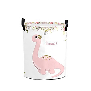 Pink Floral Girl Dinosaur Personalized Laundry Hamper ,Custom Name Collapsible Waterproof Laundry Basket Storage Bins with Handle for Clothes,Toy,Nursery