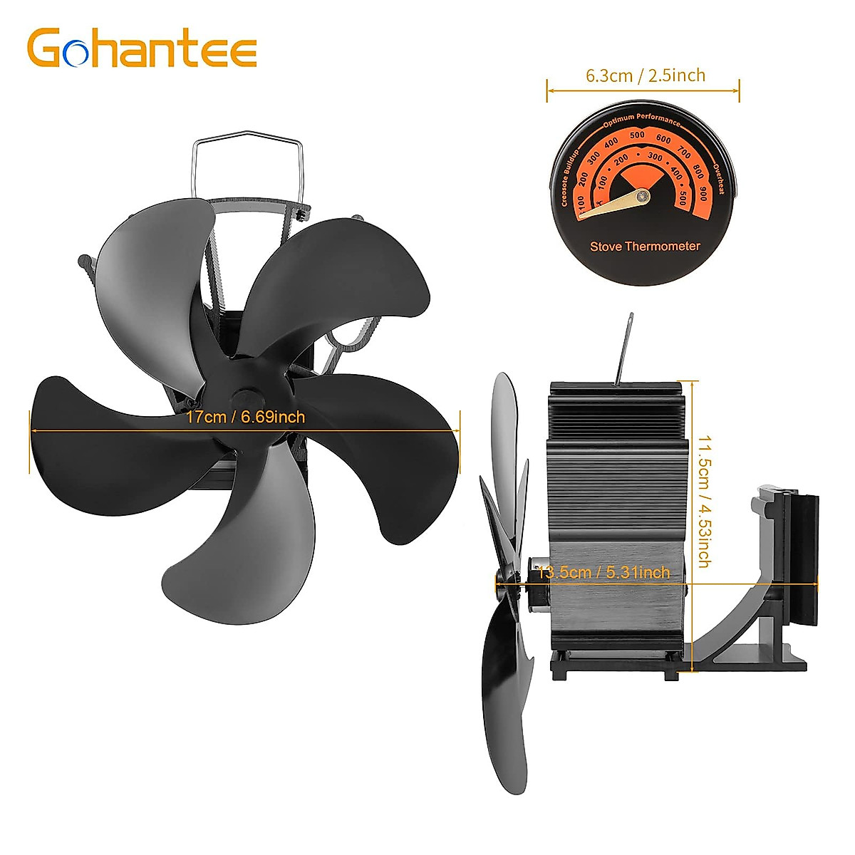 gohantee Heat Powered Stove Fan Hanging on Chimney Fireplace Fan 5 Blades Silent Operation for Wood Log Burner Fireplace Eco Friendly and Efficient Heat Distribution with Stove Thermometer