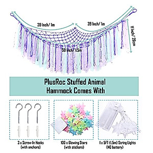 PlusRoc Stuffed Animal Storage Net Or Hammock With LED Star Light And Glow Stars, (Purple) Corner Toy Organizer Holder Bags For Kids Room Bedroom Wall Décor