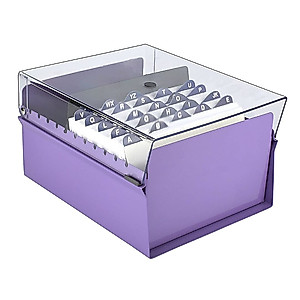 Acrimet 5 X 8 Card File Holder Organizer Metal Base Heavy Duty (AZ Index Cards and Divider Included) (Purple Color with Clear Crystal Plastic Lid Cover)