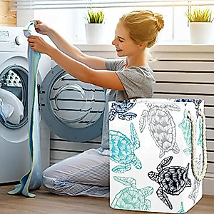 Inhomer Blue Green Black Grey Sea Turtles Pattern Large Laundry Hamper Waterproof Collapsible Clothes Hamper Basket for Clothing Toy Organizer, Home Decor for Bedroom Bathroom