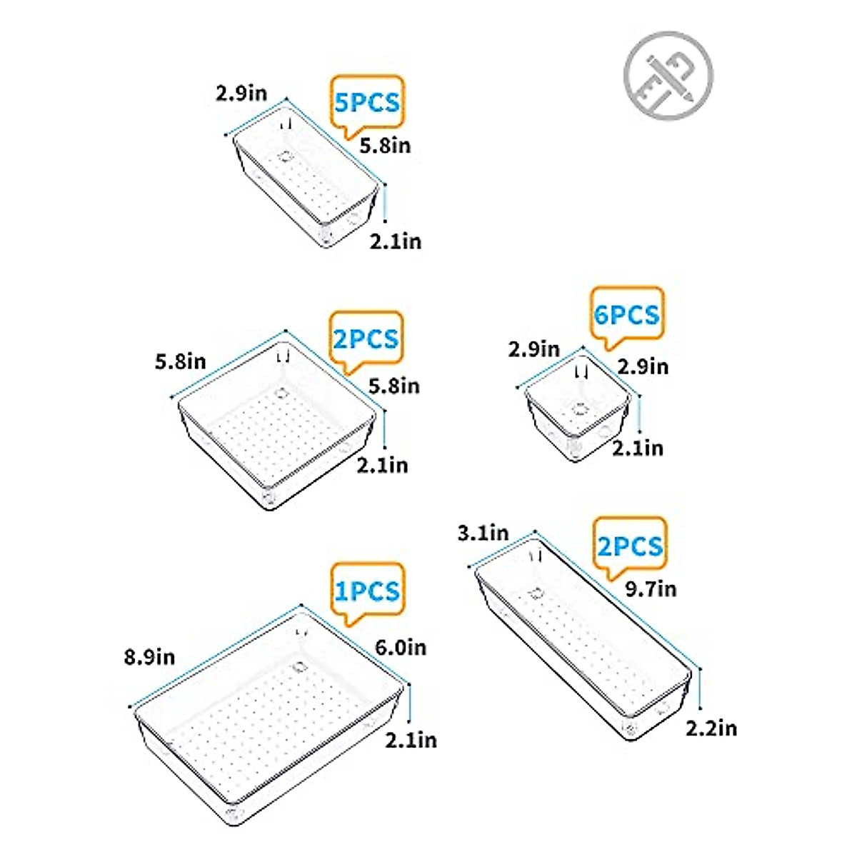 JARLINK 16 Pack Desk Drawer Organizer Trays with 5 Different Sizes, Versatile Bathroom and Vanity Drawer Organizer Trays, Multipurpose Plastic Storage Bins for Makeup, Kitchen, and Office Supplies
