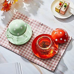 Irenare 2 Sets Mushroom Mug Cute Mushroom Cup with Infuser Lid Coaster Cute Coffee Cups Mushroom Teapot Glass Tea Mug Kawaii Teacup for Christmas Gift, 11 Oz, Orange and Green