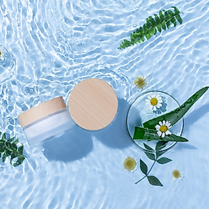 4 Pack 1oz Frosted Glass Cosmetic Cream Jar Bottle Refillable Glass Face Cream Pot Cosmetics Container With Plastic Wood grain lids and Inner Liners For Face Cream Eye Cream Lip Balm Ointments Salves