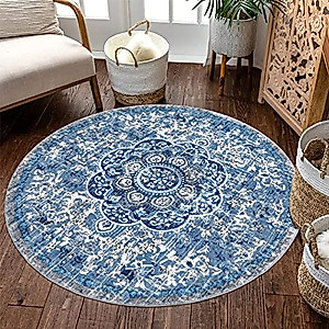 HEBE Boho Round Area Rug 4Ft Non Slip Washable Rug for Living Room Bedroom Vintage Distressed Medallion Round Rug Soft Circle Rug Throw Carpet for Dining Room Bathroom Nursery