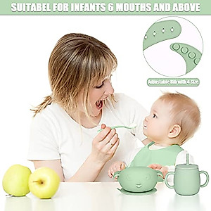 LOKEISNA Silicone Baby Feeding Set 6+ Months, Baby Led Weaning Feeding Supplies, Strong Suction Bowl & Suction Plate, Adjustable Bibs, 4-in-1 Cup, Silicone Spoon & Fork, Food-grade Silicone (Green)